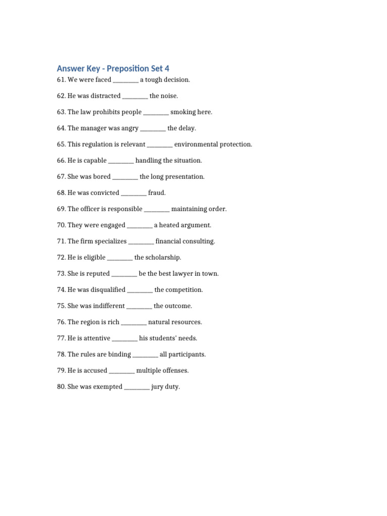 Prepositions Set 4 Answers | PDF