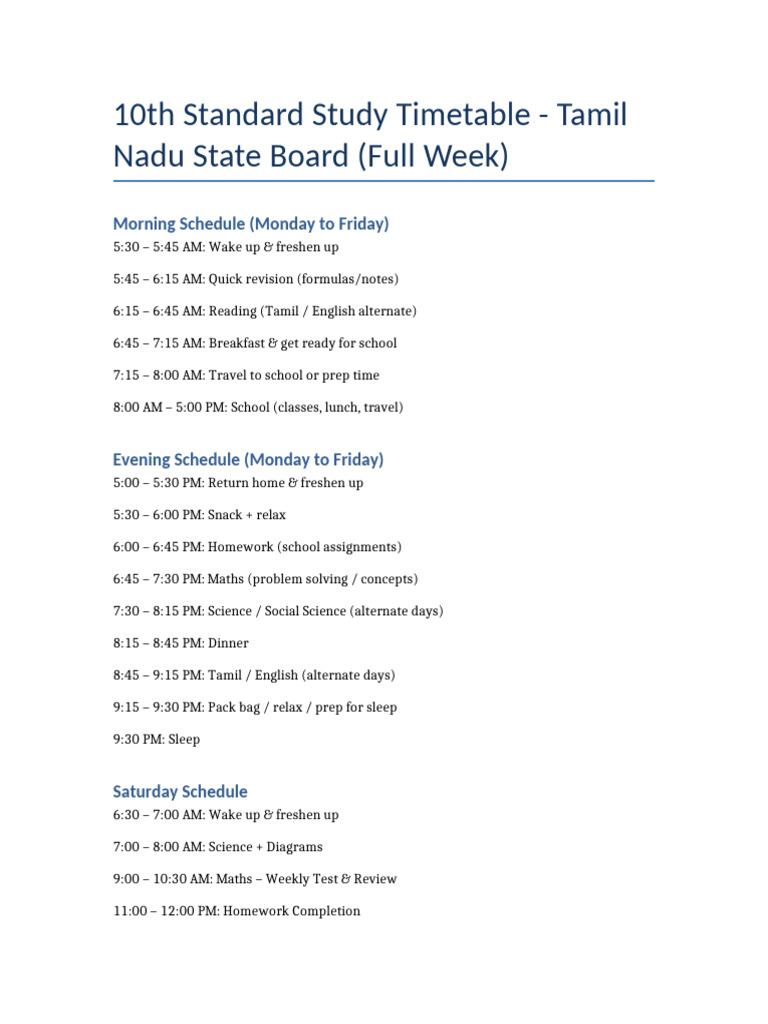 10th STD Study Timetable Full Week | PDF