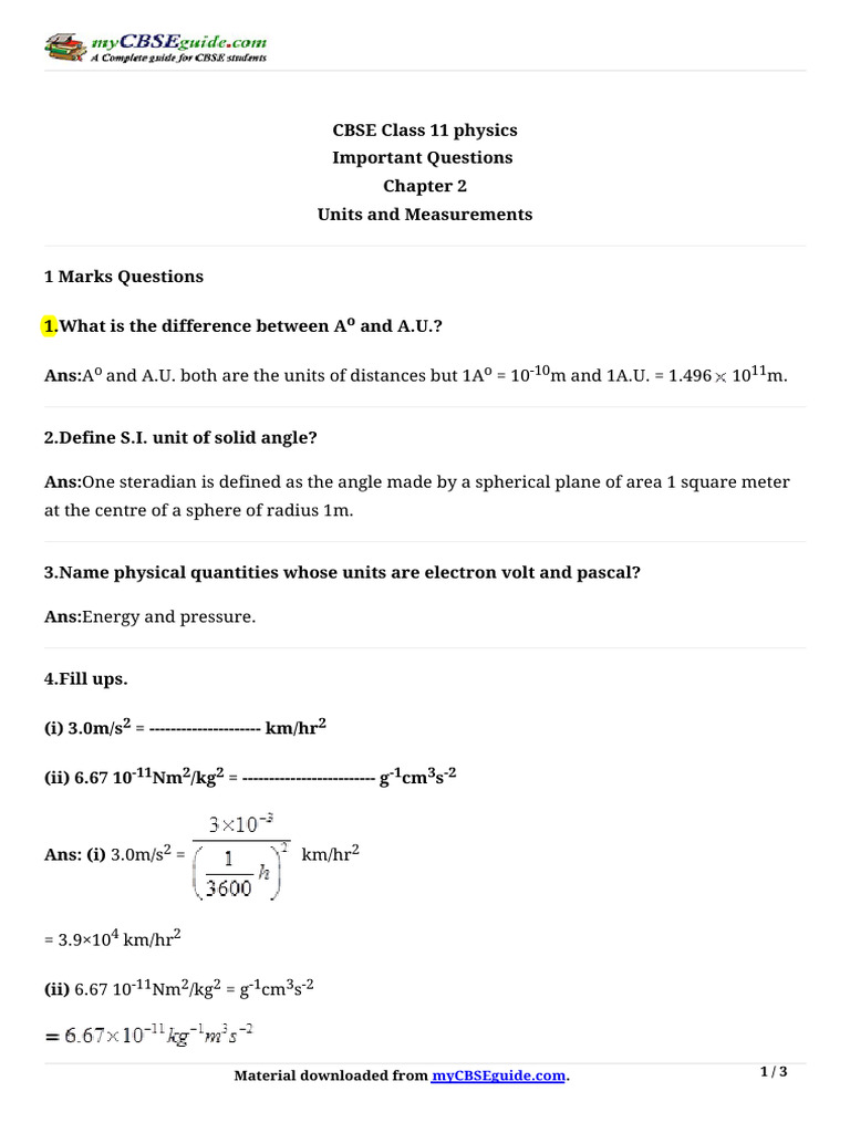 11 Physics Imp Ch2 Marks 1 | PDF | Quasar | Speed Of Light