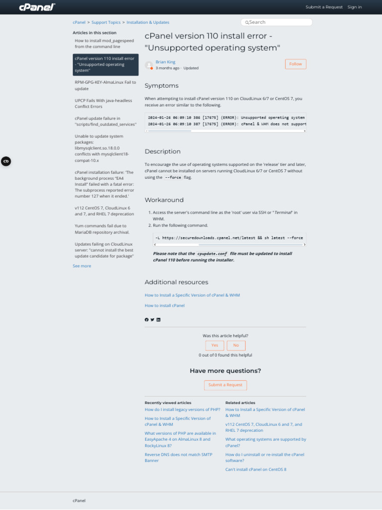 CPanel Version 110 Install Error - Unsupported Operating System - CPanel | PDF | Software ...