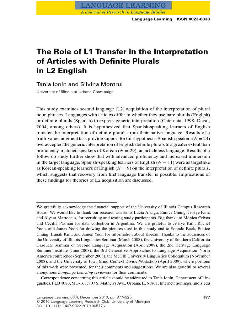 The Role of L1 Transfer in The Interpretation of Articles With Definite ...
