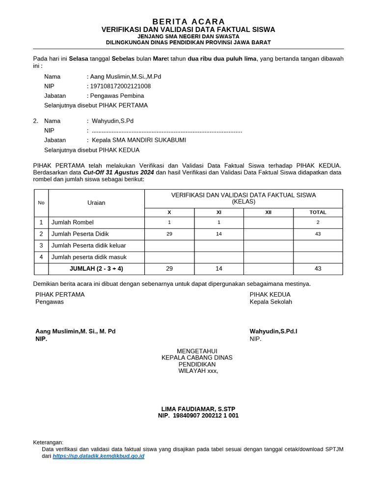 Berita Acara Verifikasi Data Faktual - Sma | PDF