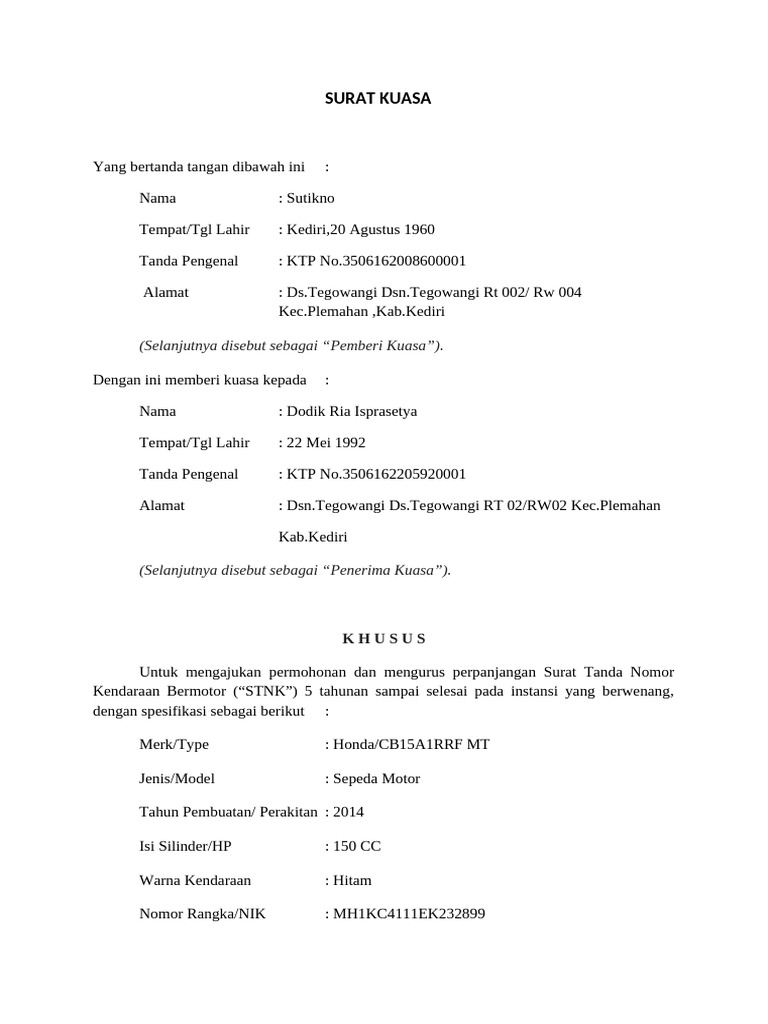 Contoh SURAT KUASA Perpanjangan STNK 5 T | PDF