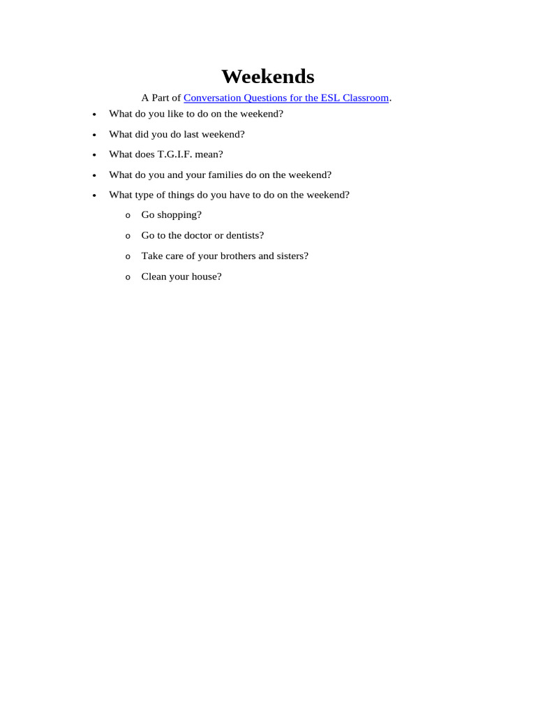 Weekend Conversation Questions for ESL | PDF