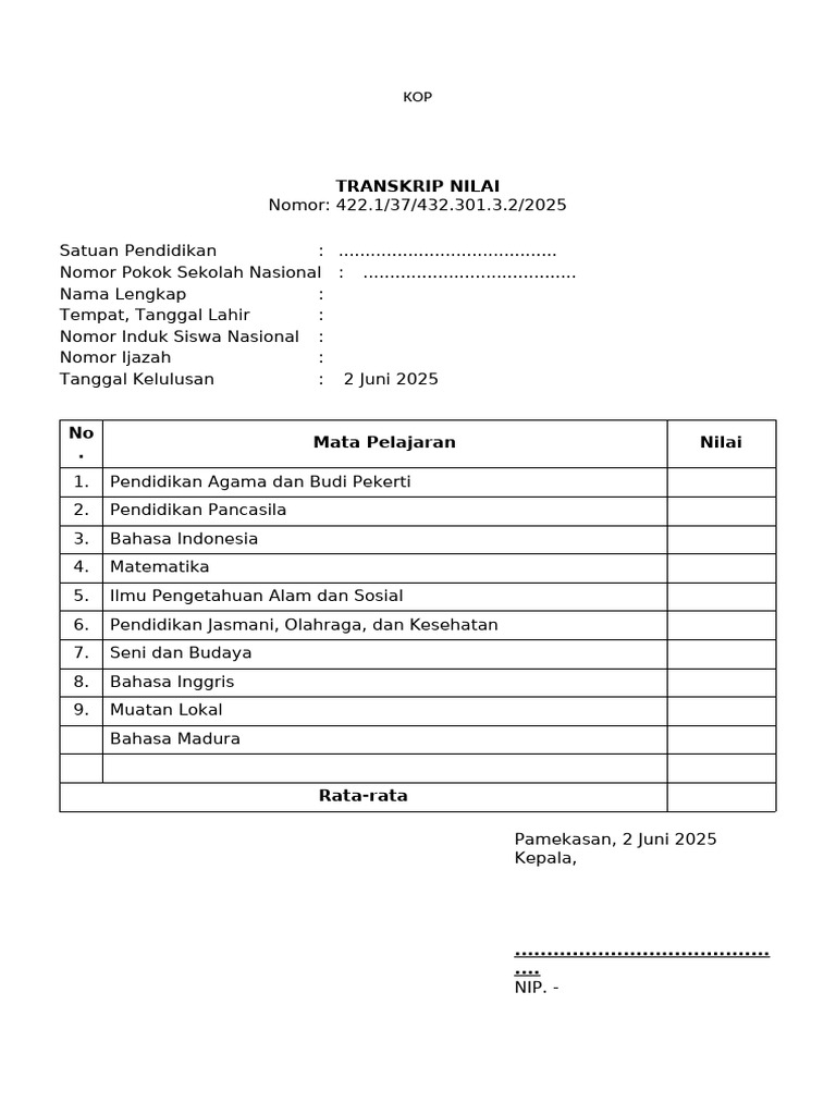 Format Transkrip Nilai | PDF