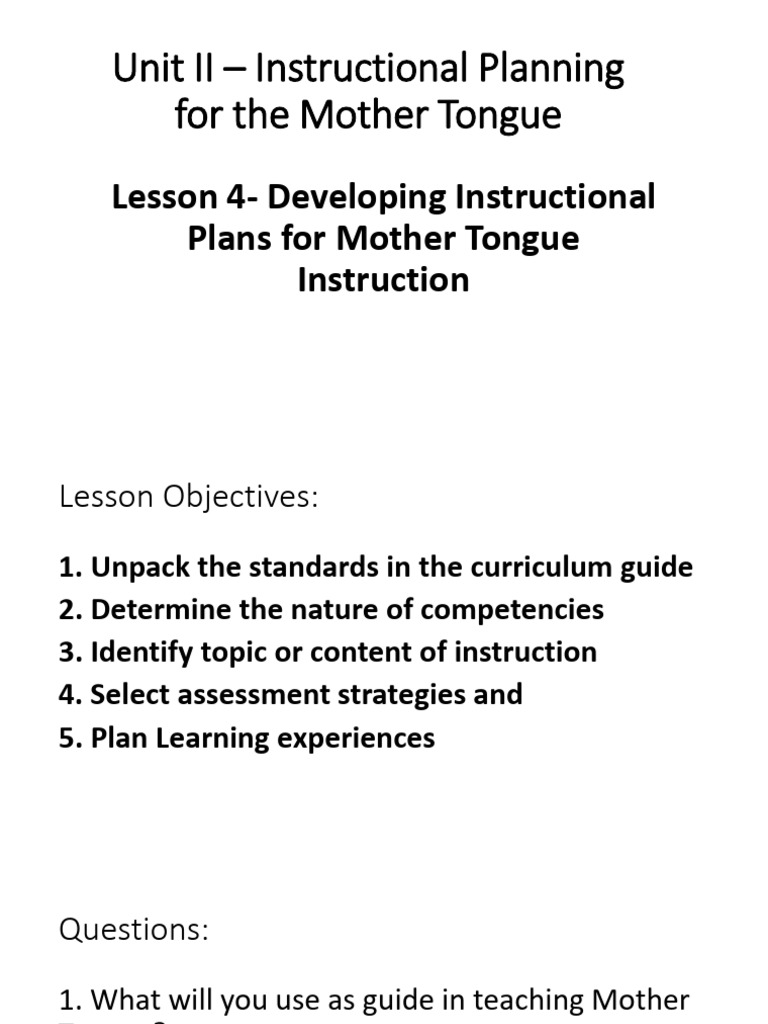 Unit II - Lesson 4 Developing Instructional Plans For The Mother | PDF ...