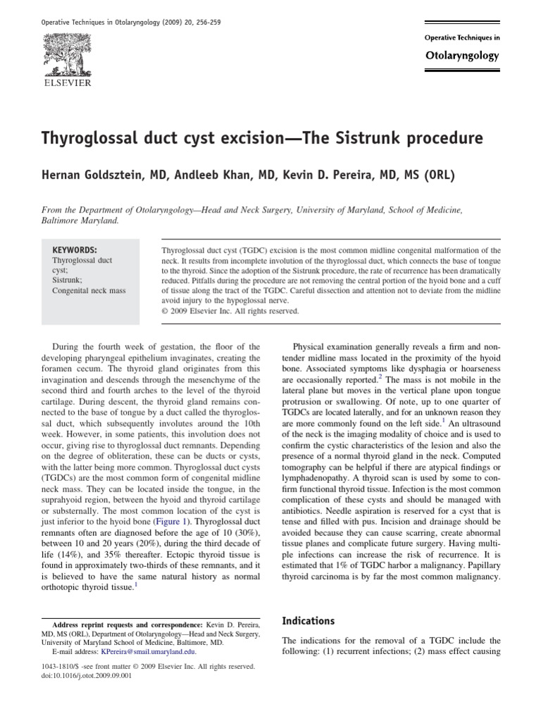 2009 - Thyroglossal Duct Cyst Excision - The Sistrunk Procedure | PDF | Medical Specialties