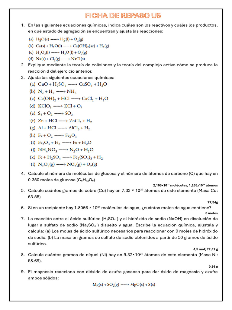 Ficha de Repaso U5 | PDF | Dióxido de azufre | Ácido clorhídrico
