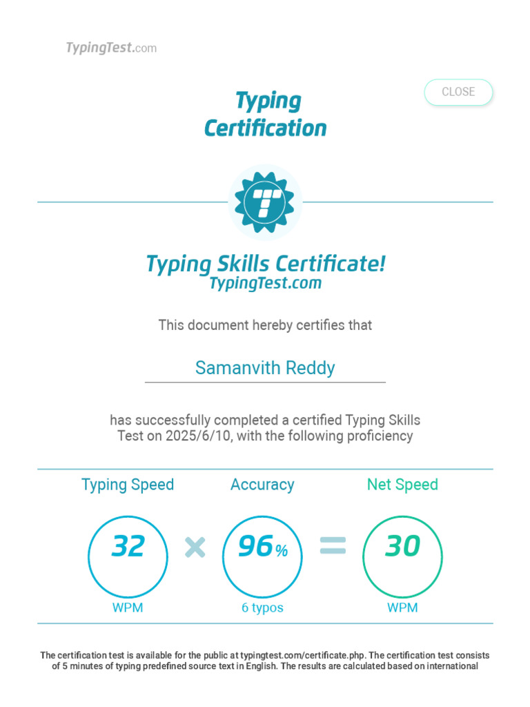 Typing Skills Certificate for Samanvith Reddy | PDF