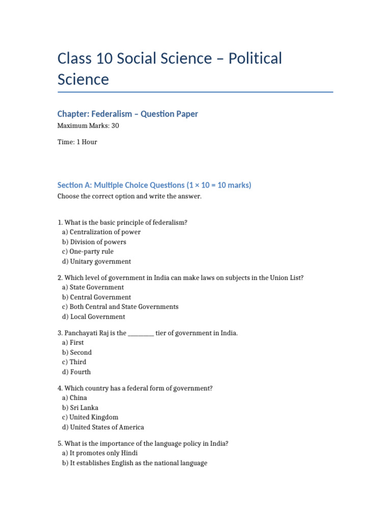 Federalism Class10 QuestionPaper | PDF | Federalism | Governance