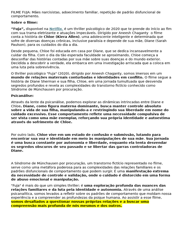 Análise Filme Fuja Mãe perversa e narcisista | PDF | Amor | Narcisismo