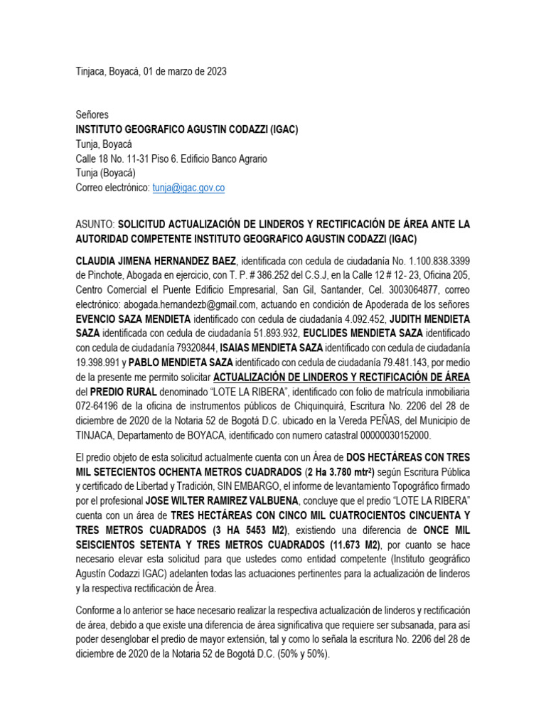 Solicitud Igac Acualizacion de Linderos y Rectificacion de Area-1 | PDF