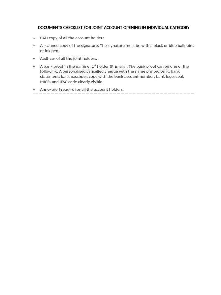 Documents Checklist For Joint Account in Individual Category | PDF