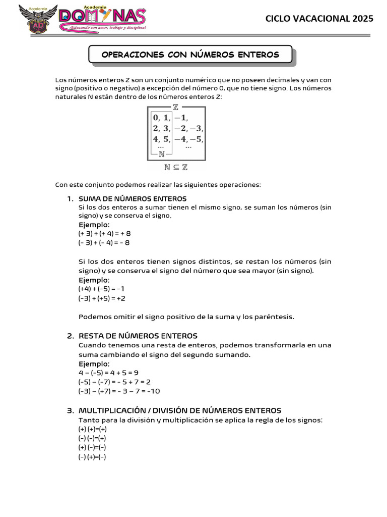 Operaciones con Números Enteros 2025 | PDF | Entero | Multiplicación