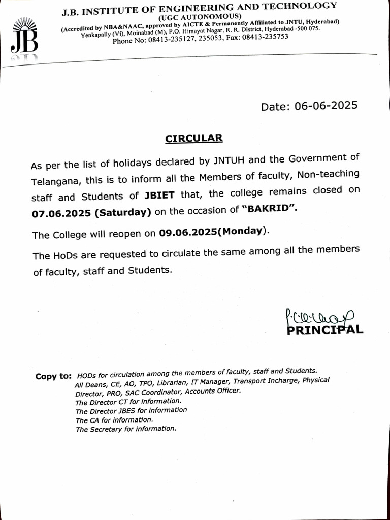 Bakrid Holiday Circular | PDF