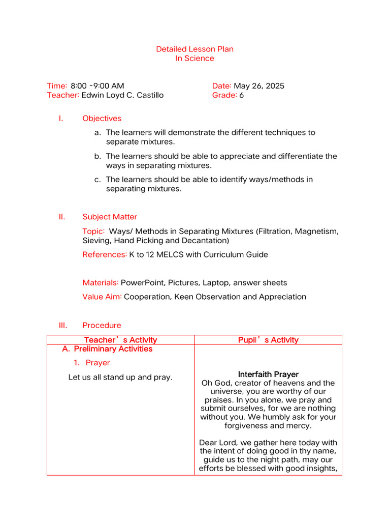 Grade 6 Lesson Plan: Separating Mixtures | PDF | Filtration | Mixture