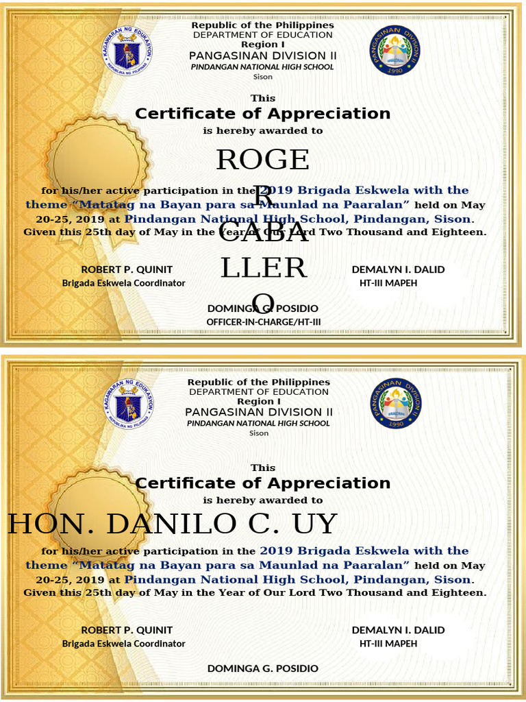 Brigada Eskwela Certificate | PDF | Philippines