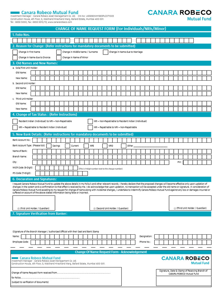 Canara Robeco Name Change Request Form | PDF | Notary Public | Banks