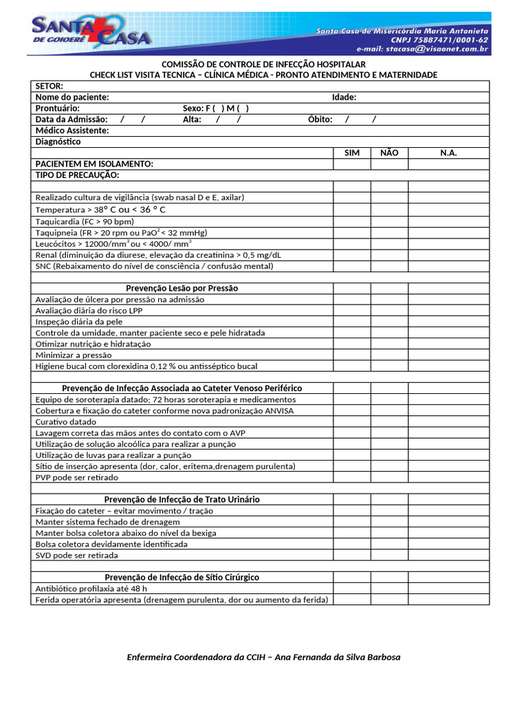 Check List de Controle de Infecção Hospitalar | PDF