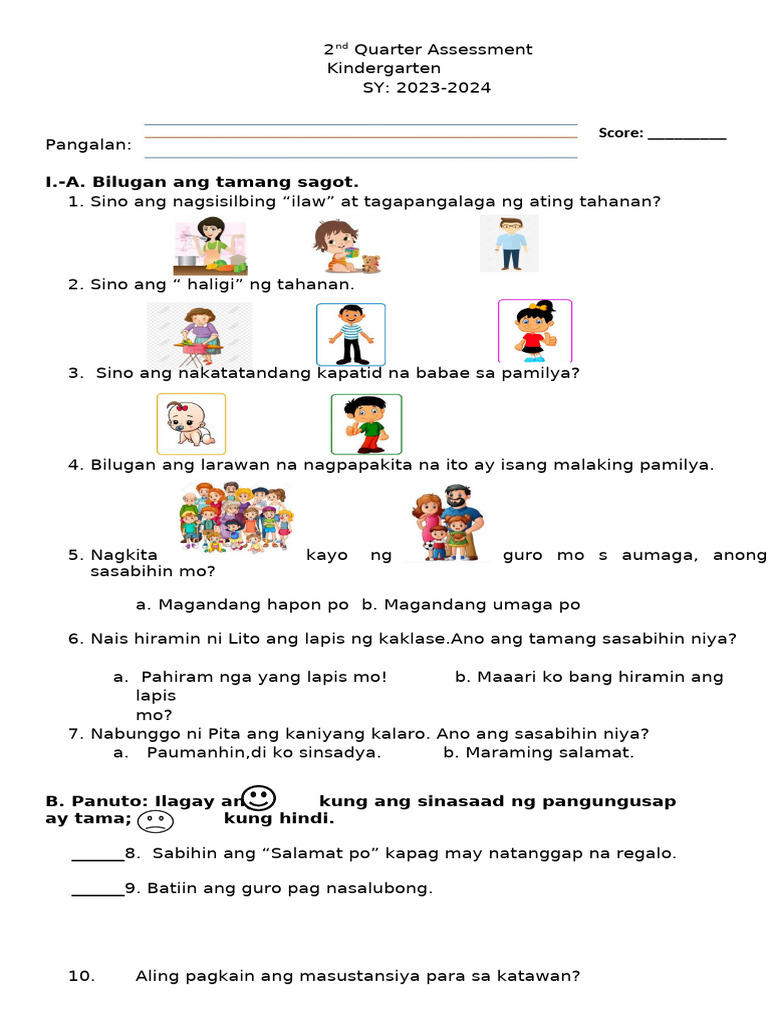 2nd Assessment Kinder Test | PDF