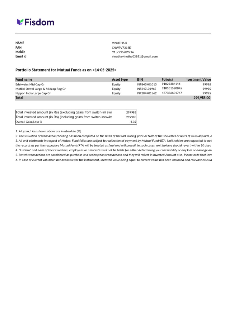 Mutual Fund Portfolio Statement | PDF | Mutual Funds | Equity (Finance)