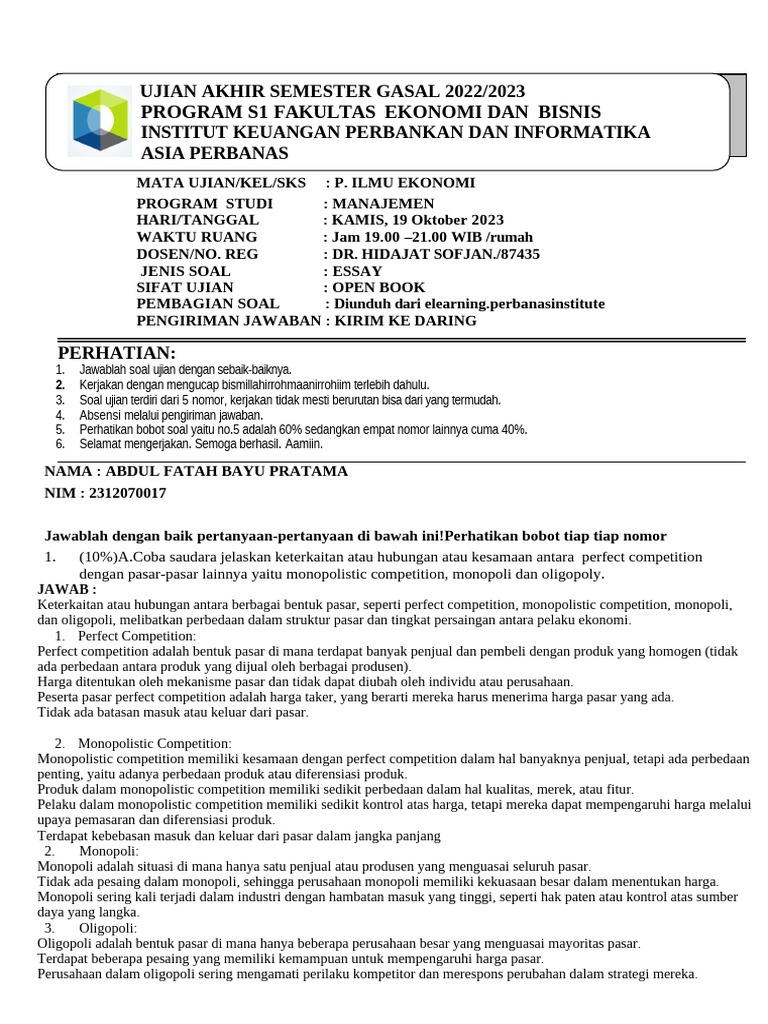 Uas Pie 19-10-2023_abdul Fatah Bayu Pratama_2312070017 | PDF