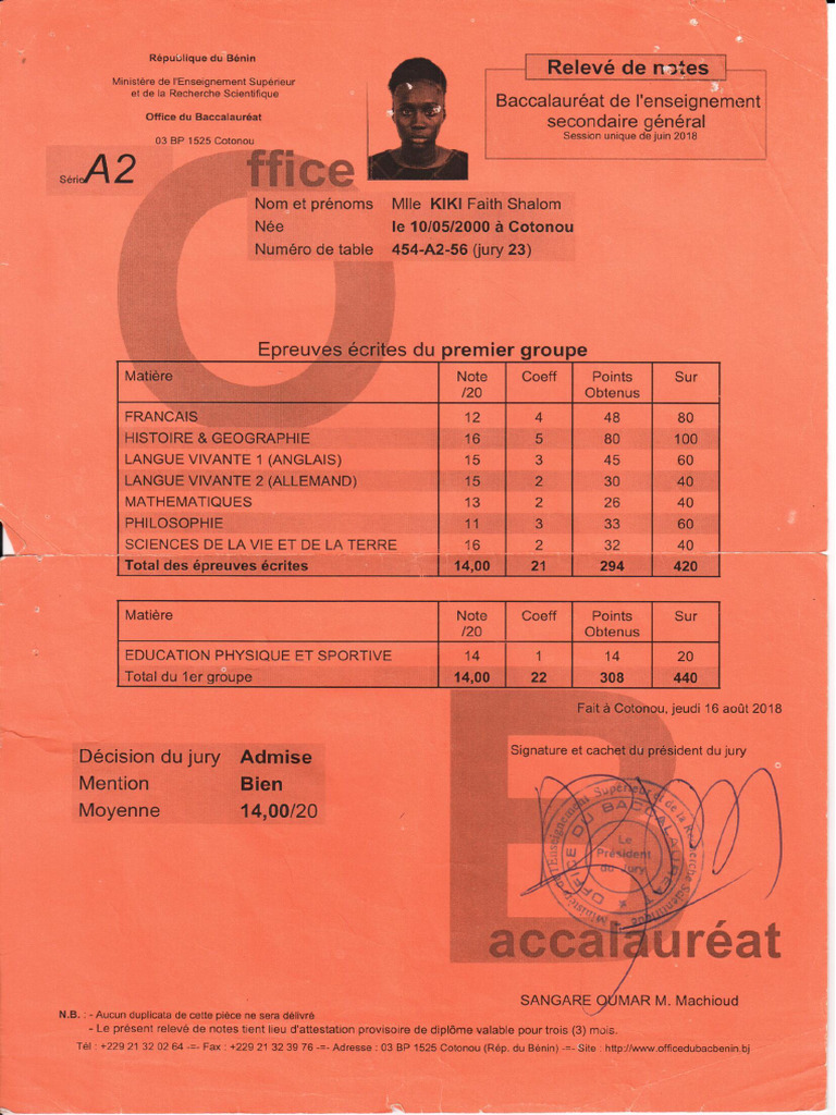 Releve de Notes Du Bac | PDF