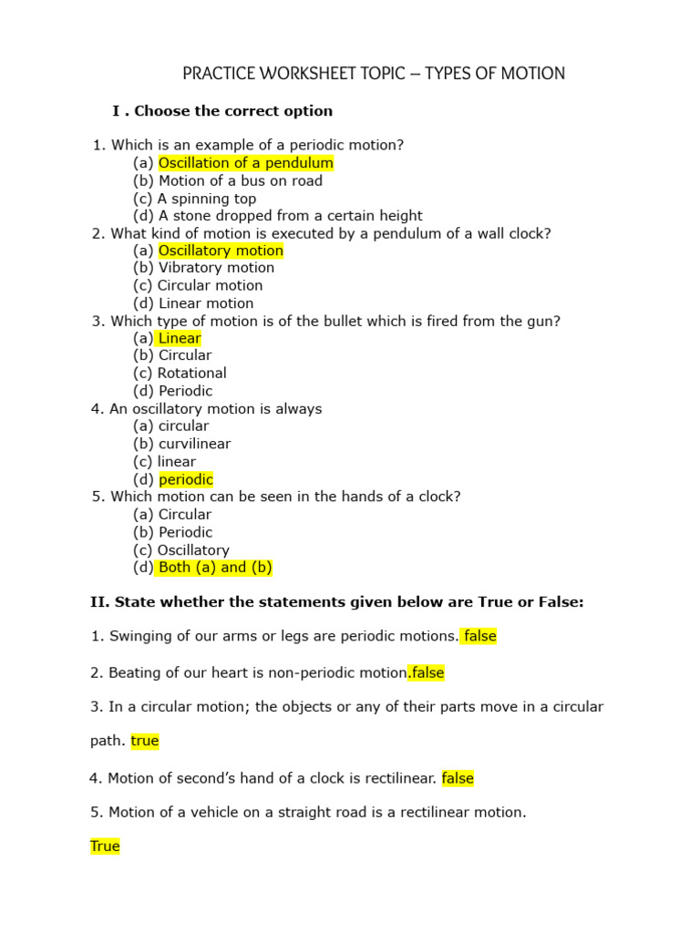 Types of Motion-Practice Worksheet | PDF | Oscillation | Rotation