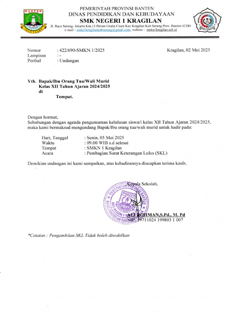 Surat Undangan Kelulusan TA.2024-2025 SMKN 1 Kragilan | PDF