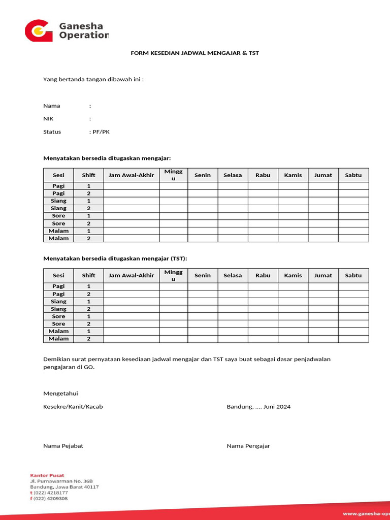 Form Kesediaan Jadwal Mengajar Dan TST PF-PK | PDF