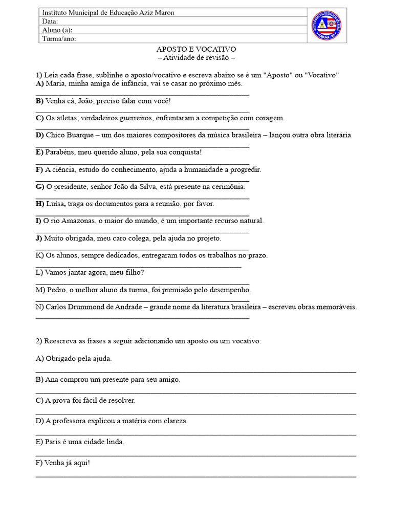 Atividade Aposto e Vocativo | PDF