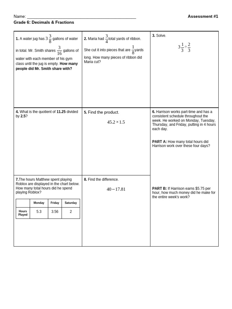 ANSWER SHEET Decimals & Fractions | PDF | Arithmetic | Division ...