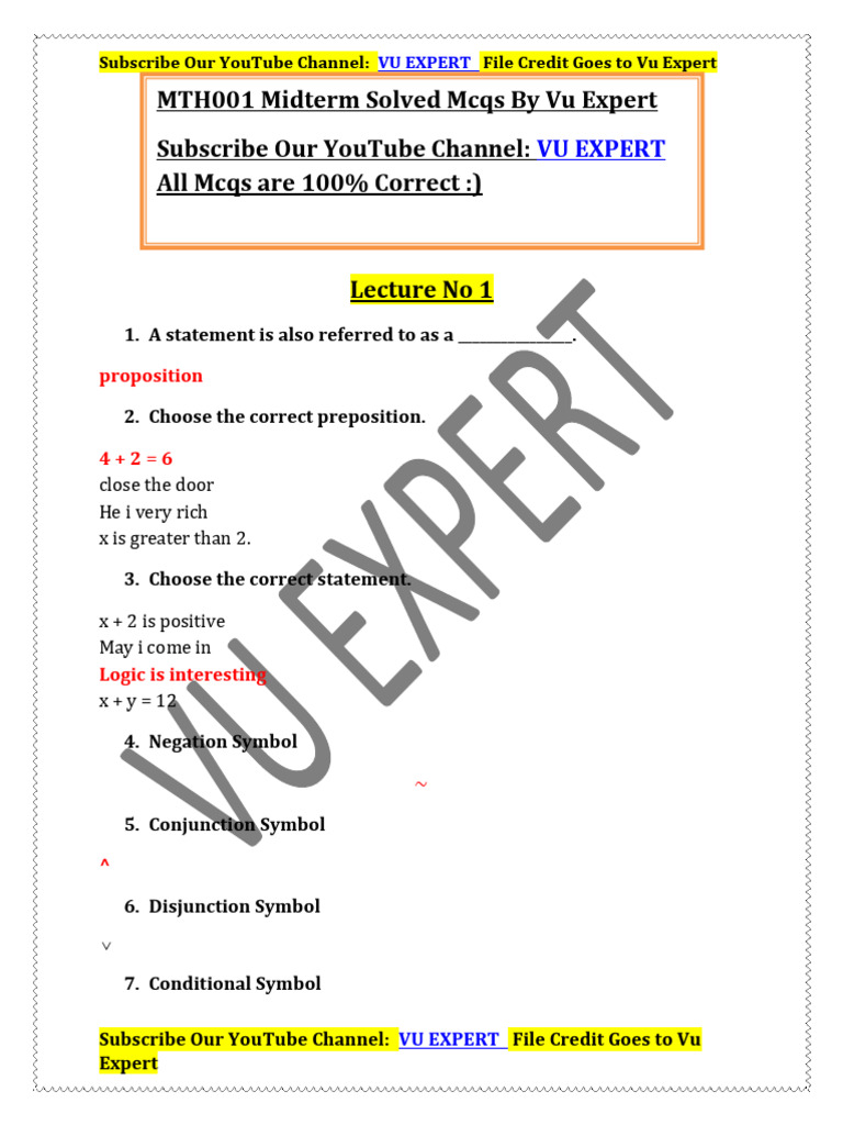 Mth001 Midterm Solved Mcqs by Vu Expert | PDF | Logic | Multiplication