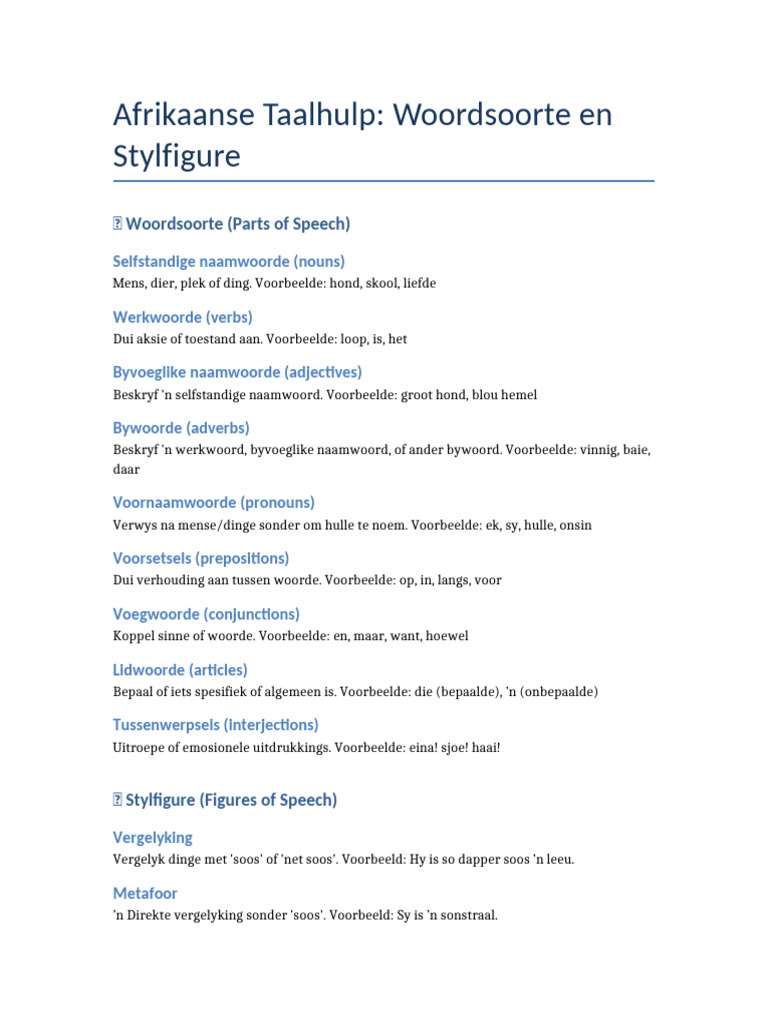 Afrikaanse Taalhulp Woordsoorte Stylfigure | PDF