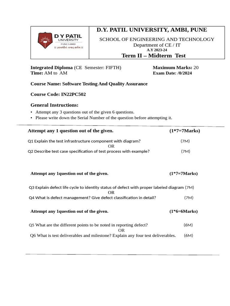 Software Testing Midterm Exam 2023-24 | PDF