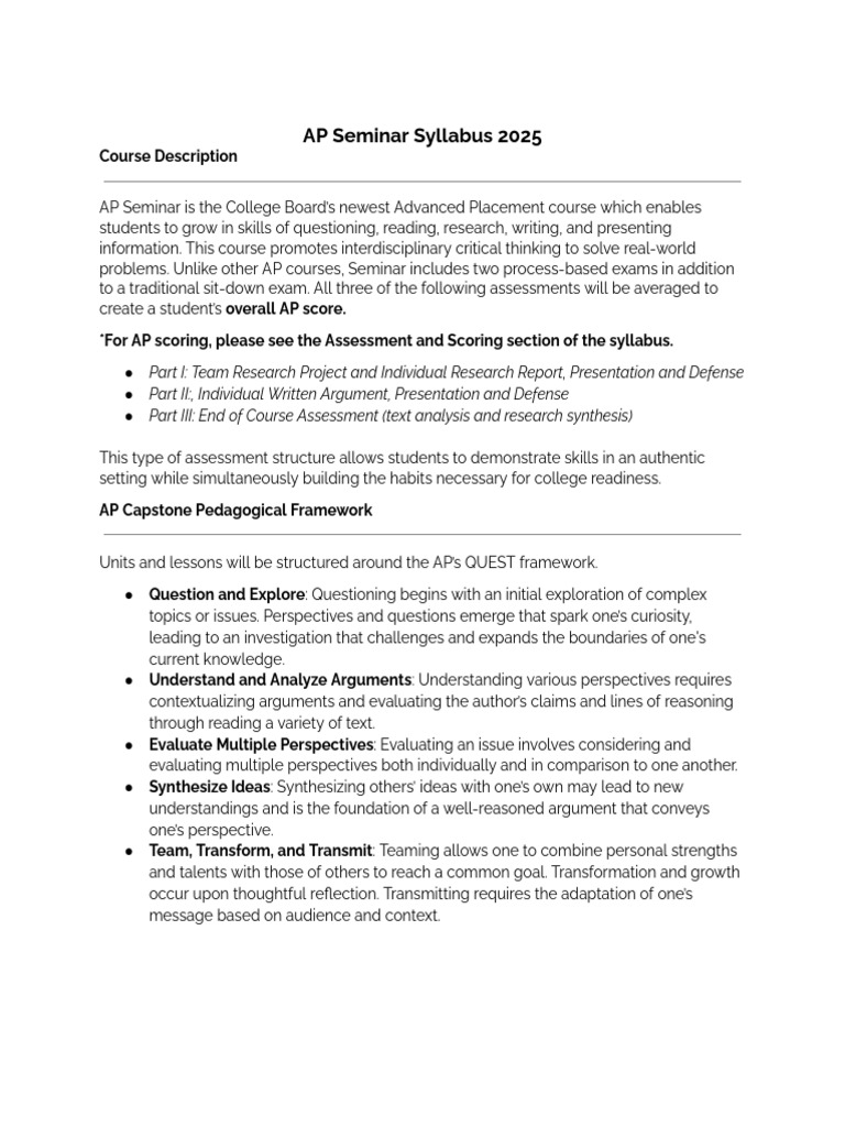 AP Seminar Assessment Overview 2025 | PDF | Critical Thinking | Essays