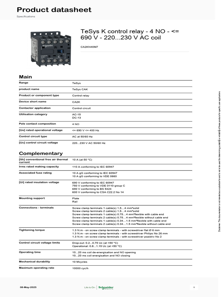 Schneider Electric TeSys K D SK Control Relays CA2KN40M7 | PDF ...