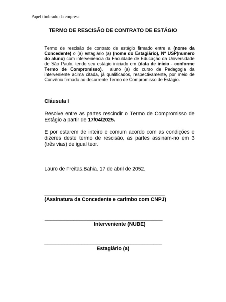 Modelo de Termo de Rescisao de Contrato de Estagio 2 | PDF