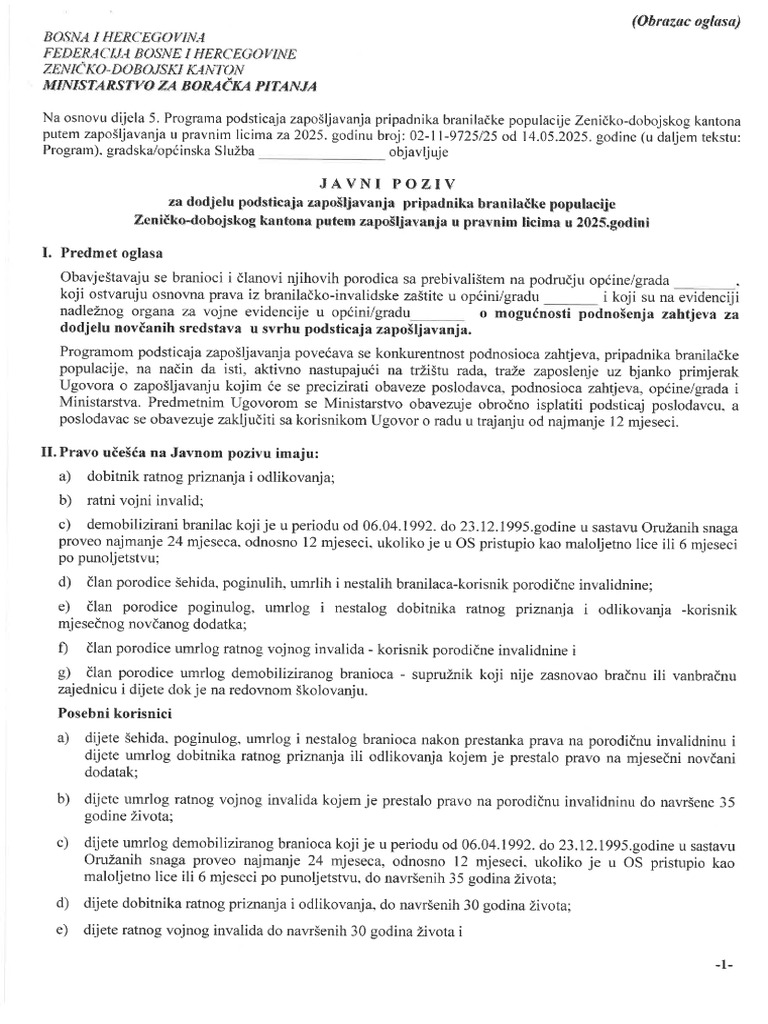 Javni Poziv Zaposljavanje Pripadnici Boracke Populacije 2025 | PDF
