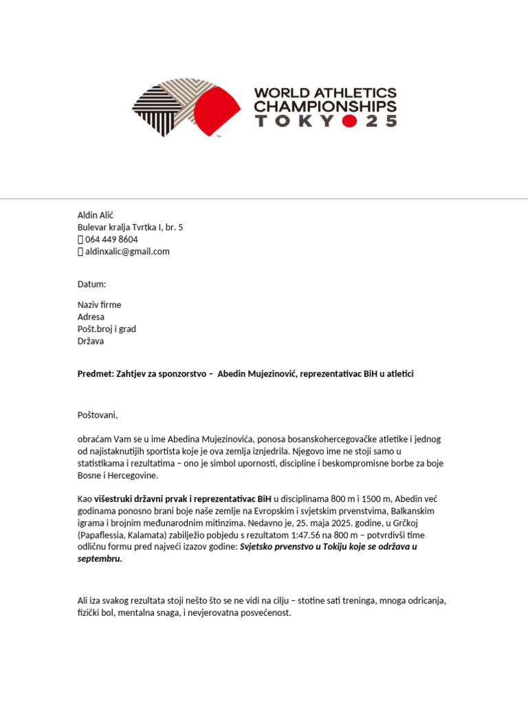 Zahtjev IDEMO NA SVJETSKO Abedin Mujezinovic | PDF