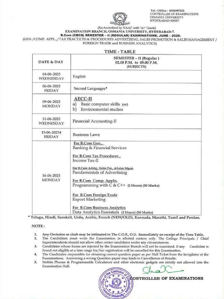 II Semester Regular Time Table | PDF