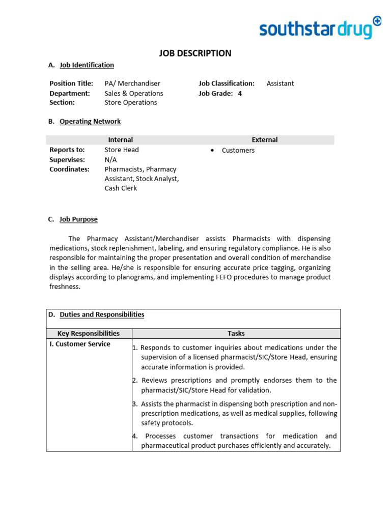 Job Description - Pharmacy Assistant (Merchadiser) - Signed 1 | PDF ...