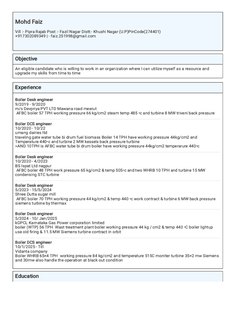 Boiler Engineer Resume and Experience | PDF