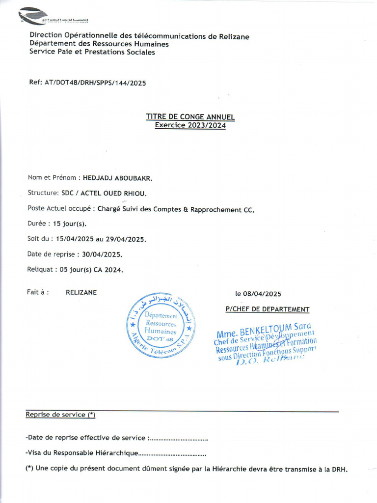 Titre de Conge Annuel m Hedjadj Aboubakr (1) | PDF