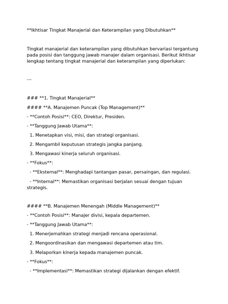 Ikhtisar Tingkat Manajerial Dan Keterampilan Yang Dibutuhkan | PDF