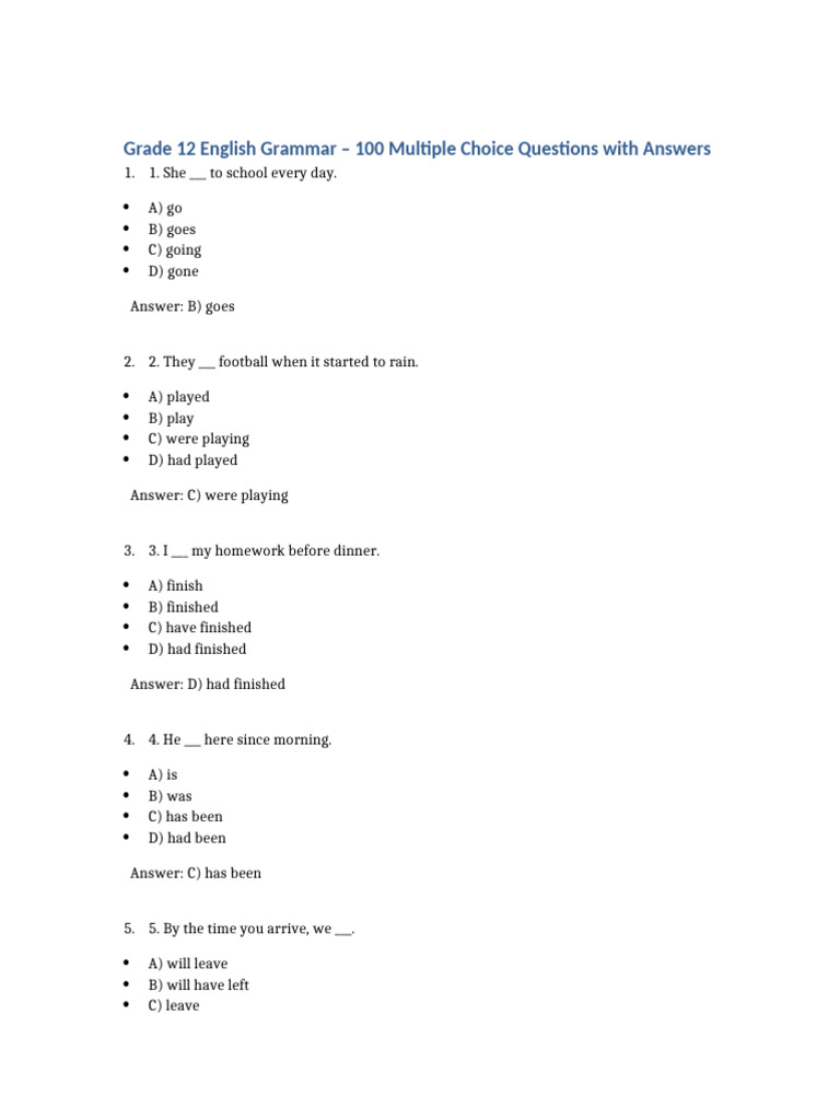 Grade 12 English Grammar MCQs with Answers | PDF | Chess Theory | Chess