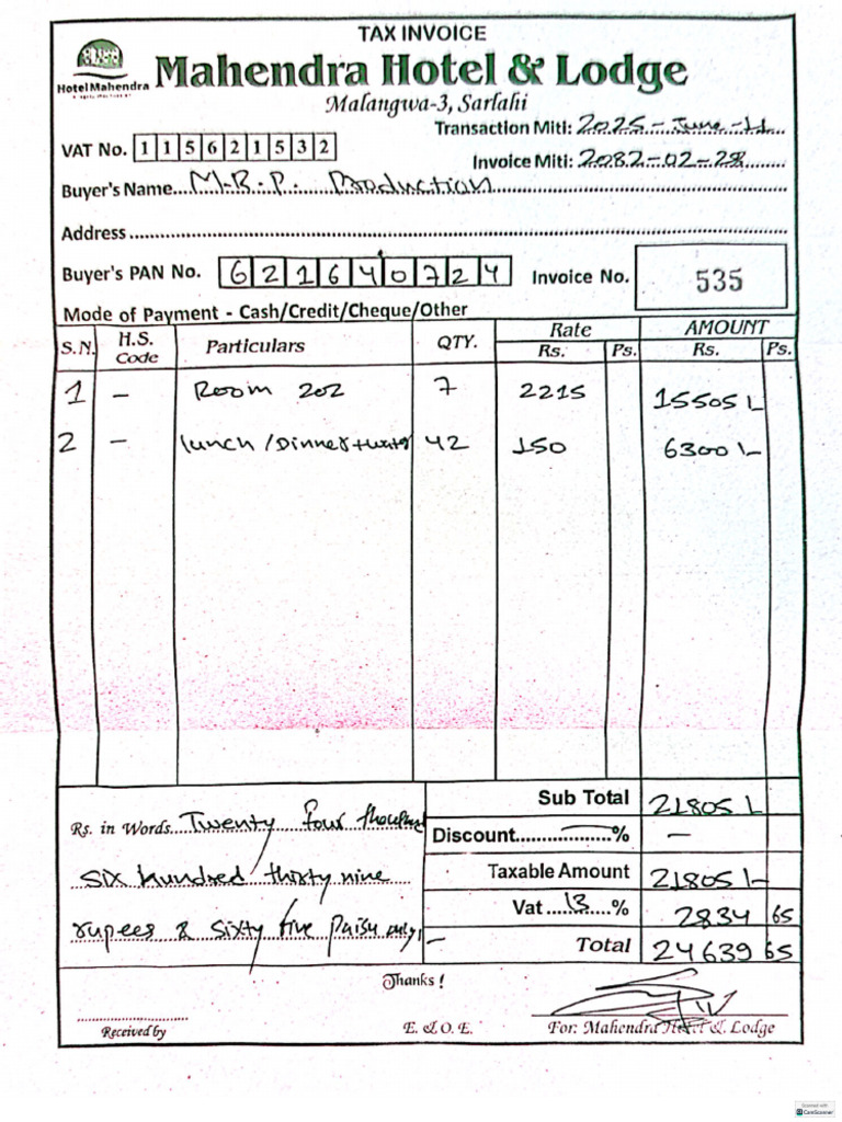 Bill - Hotel Mahendra | PDF