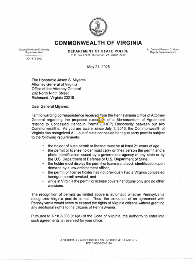 Pennsylvania Recognizes Virginia Concealed Handgun Permits: 2025 | PDF