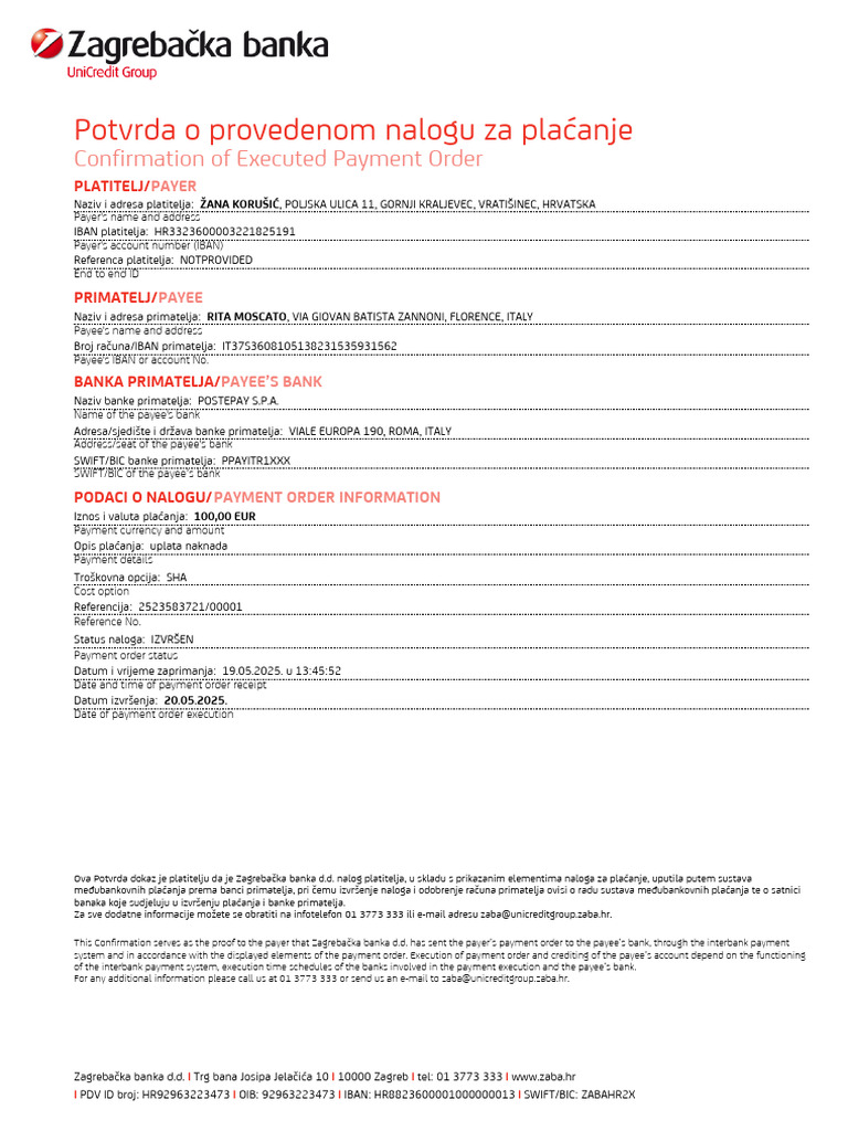 Potvrda o Provedenom Nalogu Za Plaćanje: Confirmation of Executed ...