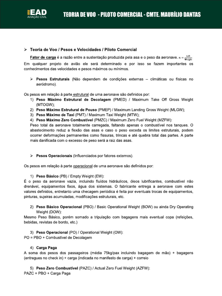Teoria de Voo - Pesos e Velocidades | PDF